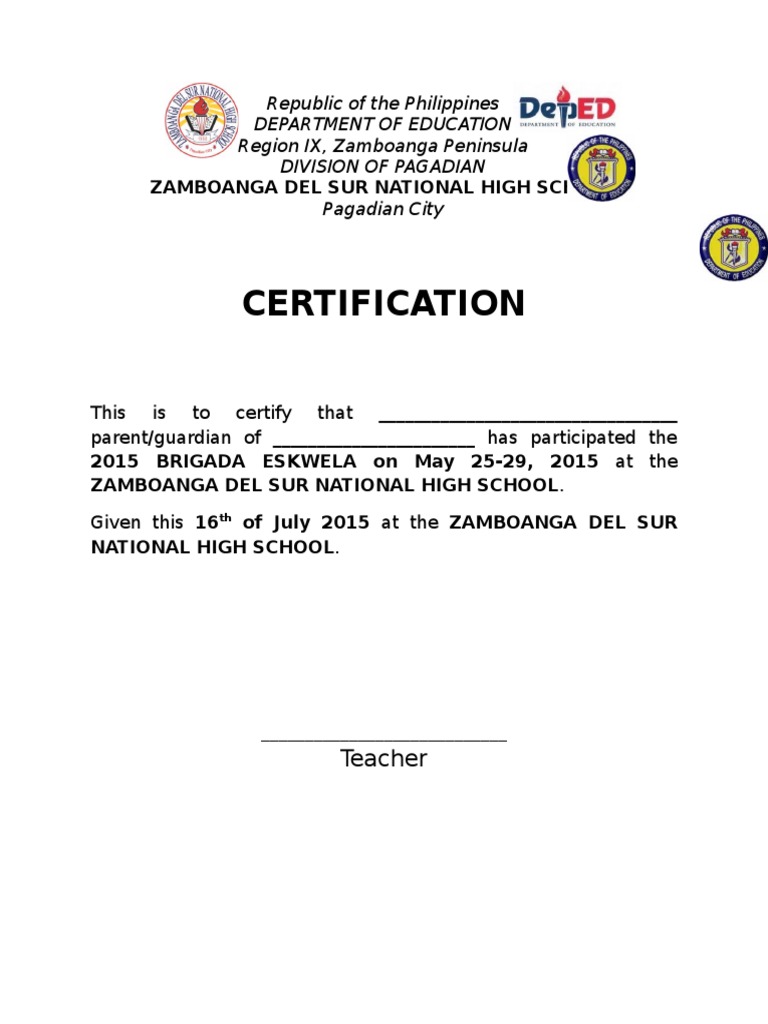 Certification For Brigada | PDF