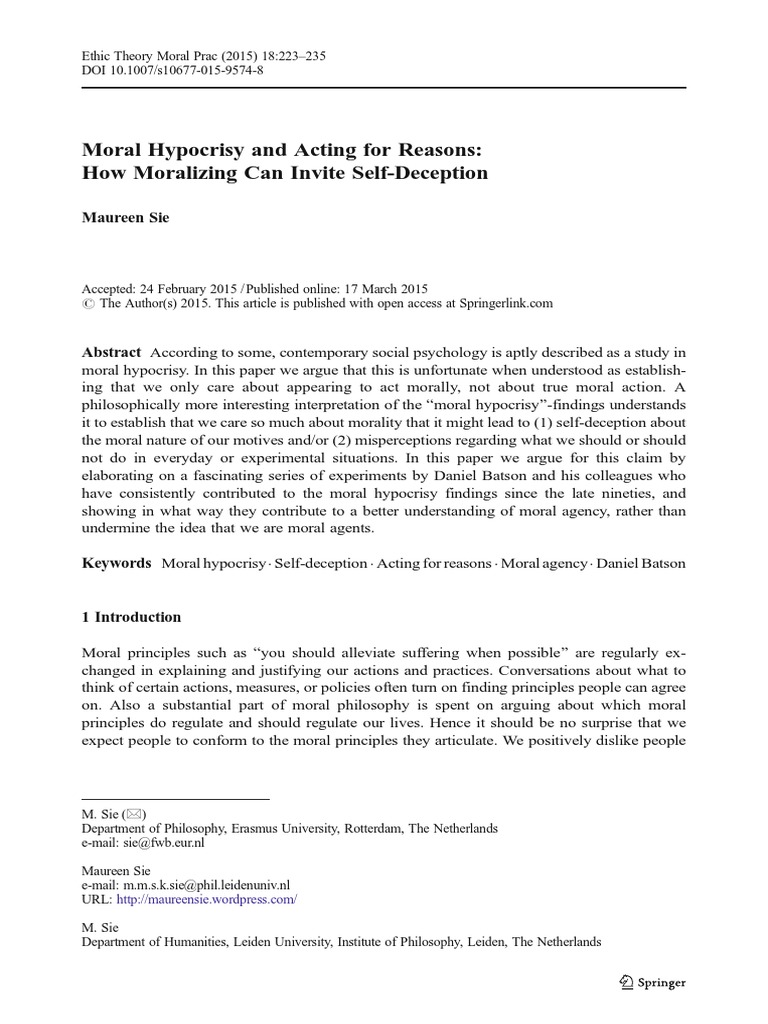 Moral Hypocrisy and Acting For Reasons: How Moralizing Can Invite Self ...