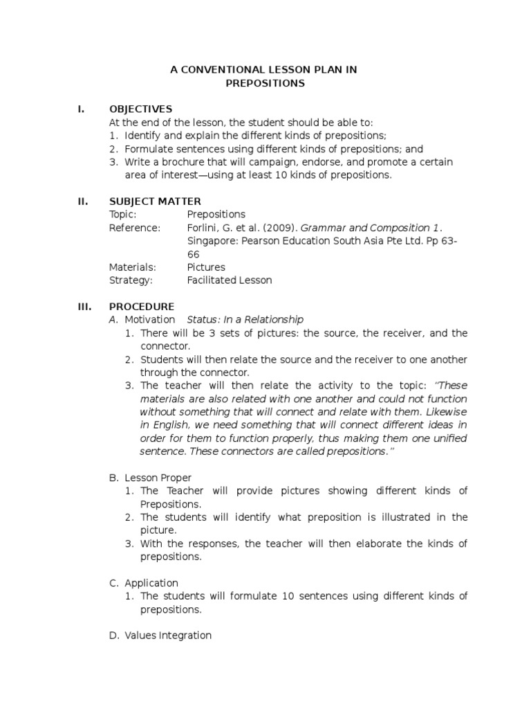 Lesson Plan in Prepositions | PDF | Lesson Plan | Education Theory