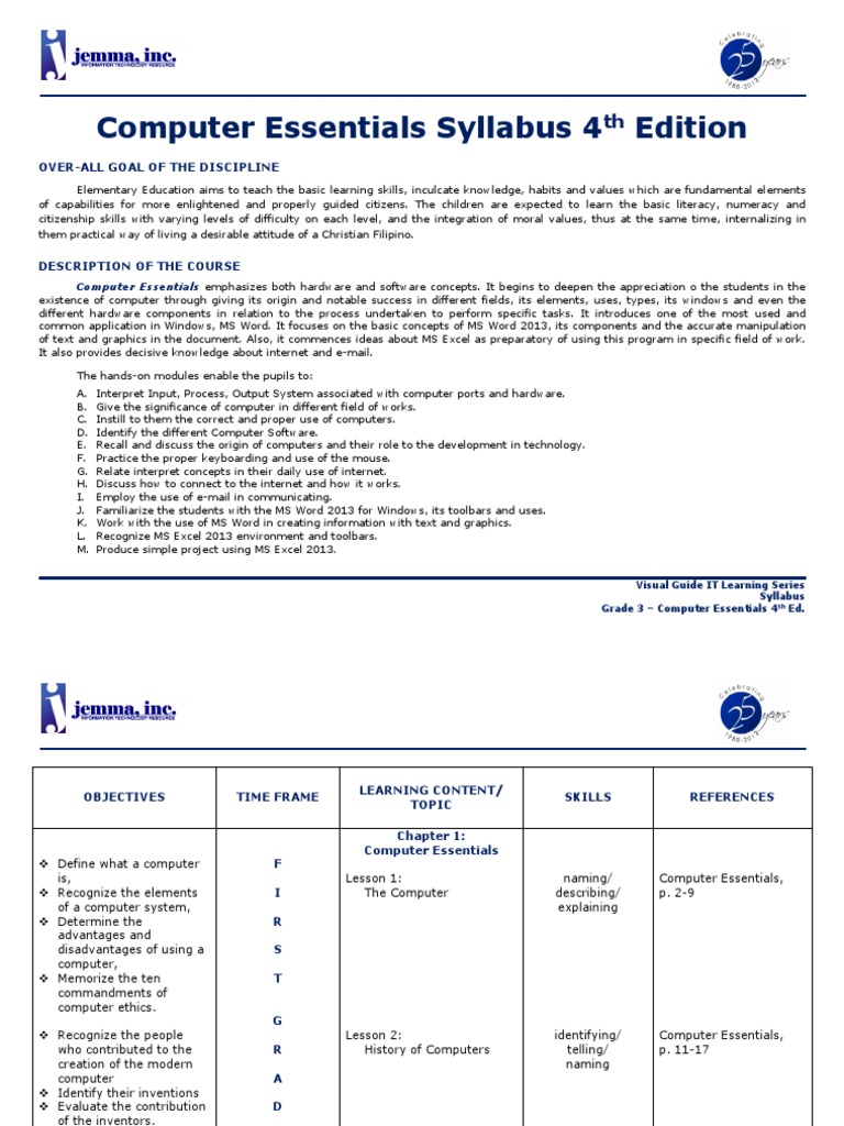 Computer Essentials Syllabus 4 Edition: Over-All Goal of The Discipline ...