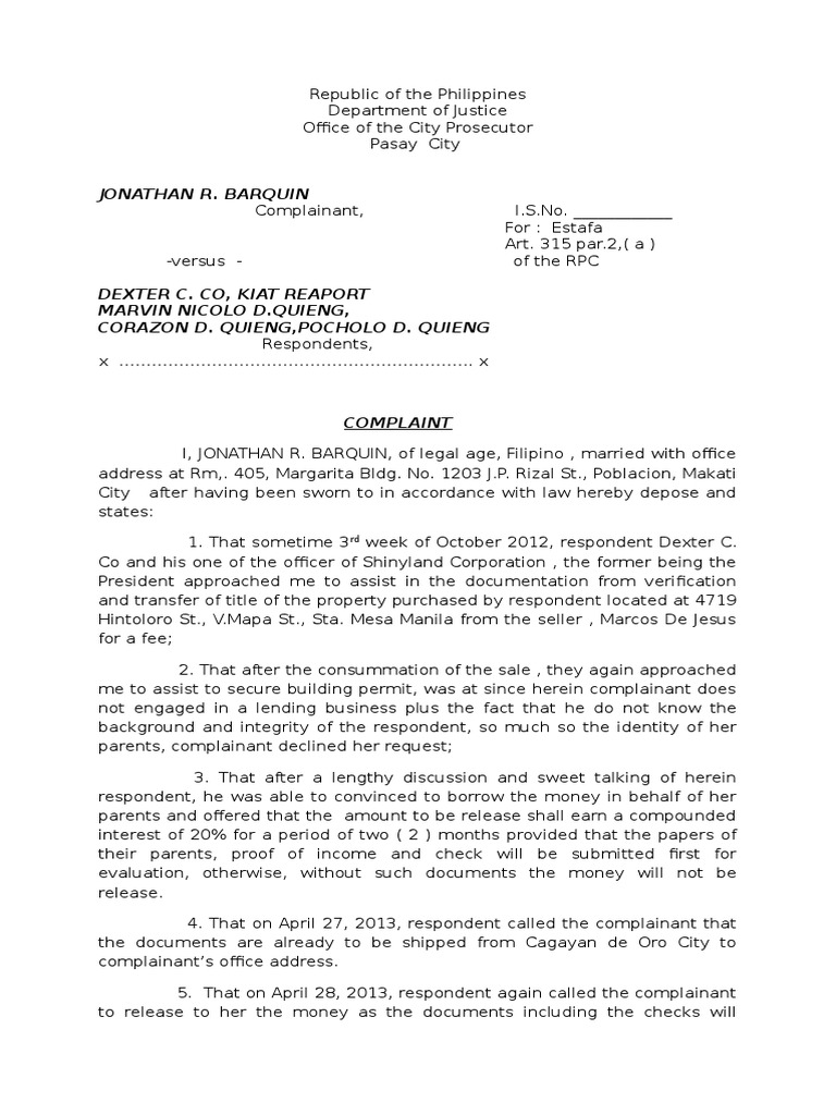 Sample Complaint | PDF | Fraud | Criminal Justice