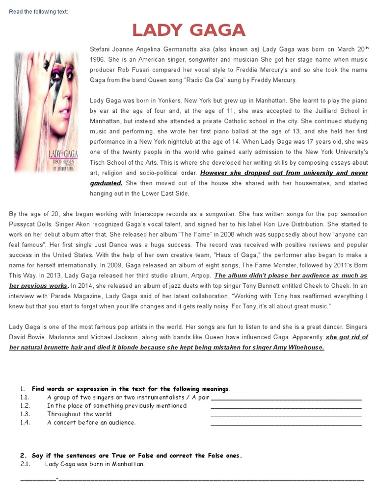 Lady Gaga S Biography - Reading and Comprehension | PDF | Lady Gaga ...