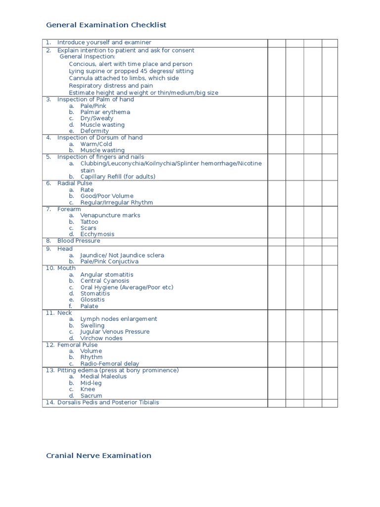 General Examination Checklist | Download Free PDF | Anatomical Terms Of ...