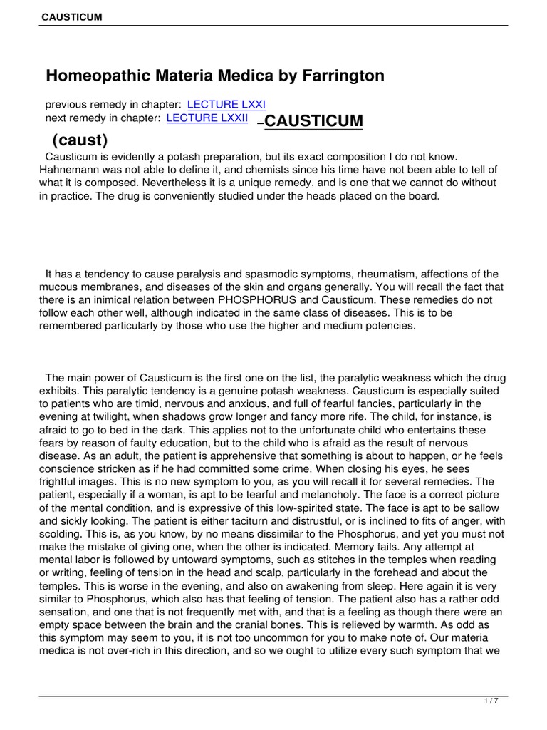 Homeopathic Materia Medica by Farrington Causticum (Caust) : Lecture ...