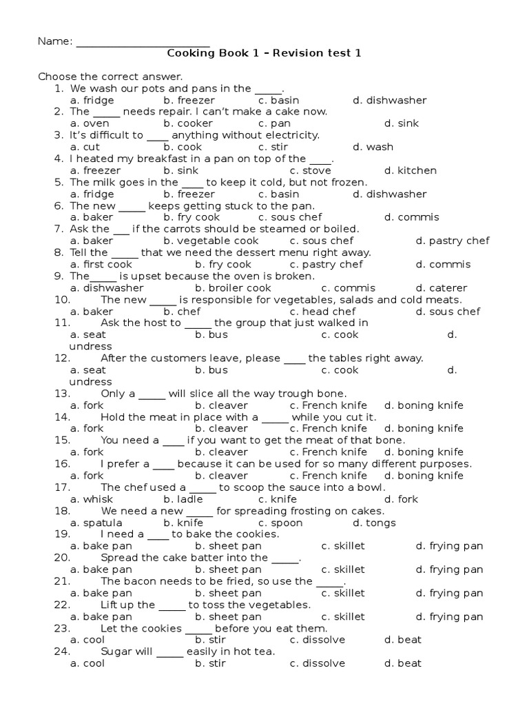 English For Gastronomy - Revision Test 1 | PDF | Chef | Cookware And ...
