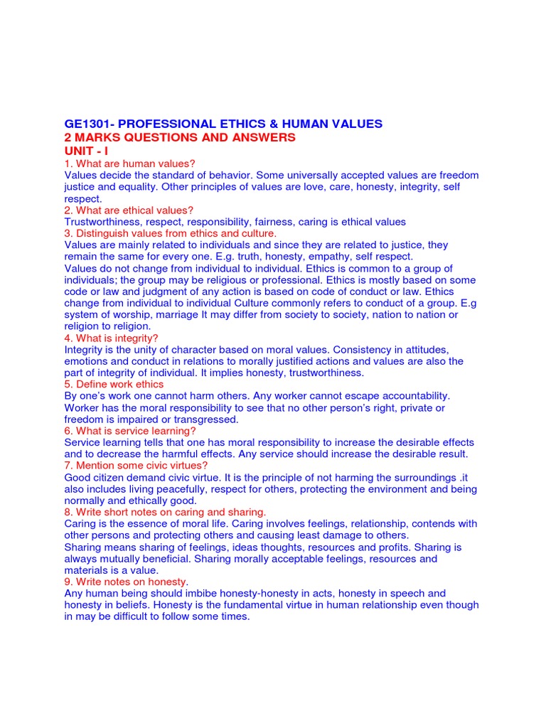 Ge1301-Professional Ethics & Human Values: 2 Marks Questions and ...