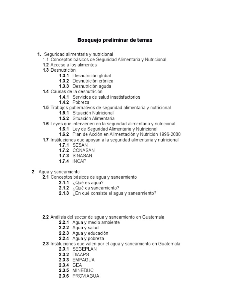 Bosquejo Preliminar de Temas | PDF | Saneamiento | Nutrición