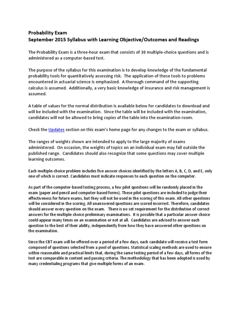 Probability Exam September 2015 Syllabus With Learning Objective ...