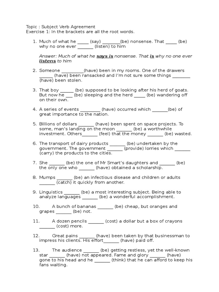 Subject Verb Agreement Exercise | PDF