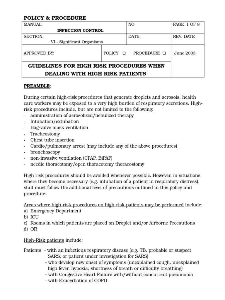 Guidelines for High-Risk Procedures During Respiratory Infectious ...