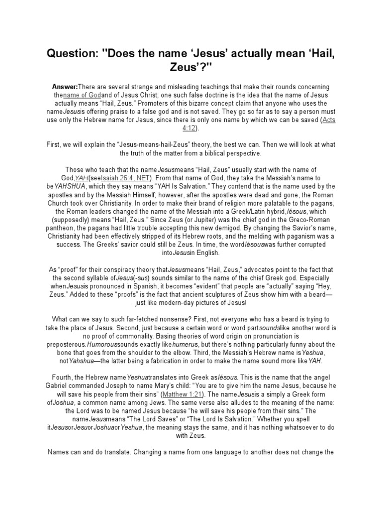 Question: "Does The Name Jesus' Actually Mean Hail, Zeus'?" | PDF ...