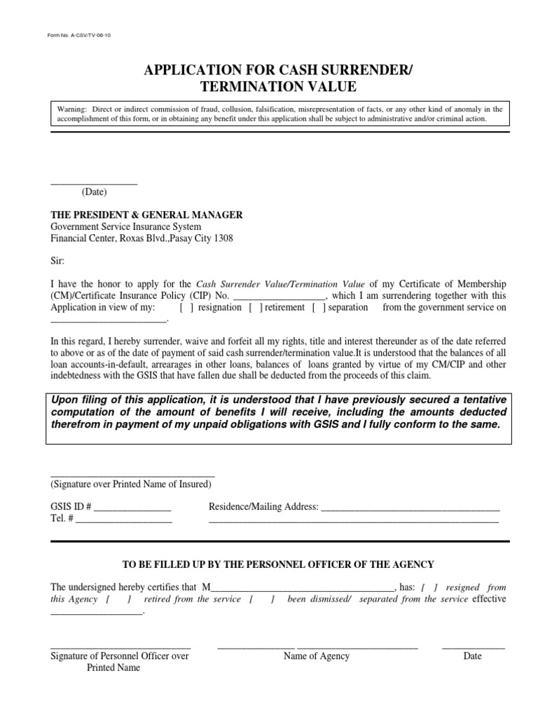 Application For Cash Surrender | PDF
