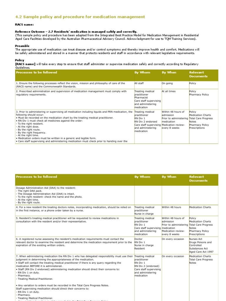 Medication Management Policy Sample | PDF | Pharmacy | Pharmaceutical Drug