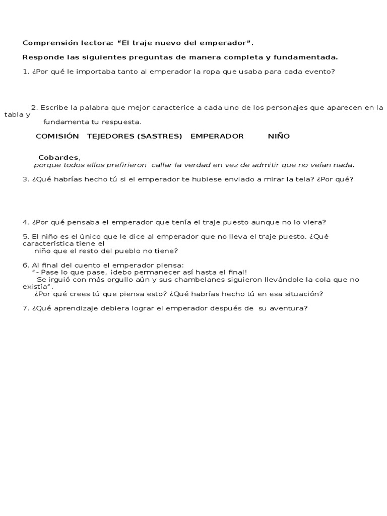 Comprensión lectora: El traje del emperador | PDF