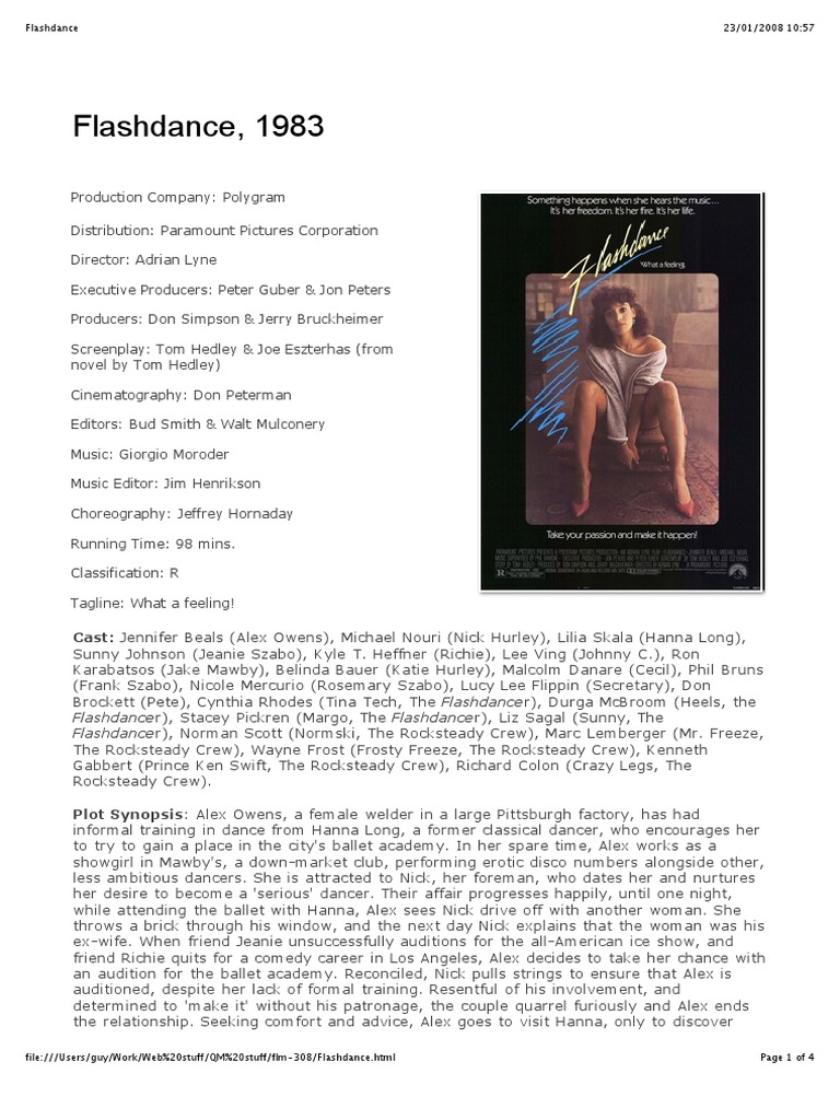 Flashdance, 1983: Cast: Jennifer Beals (Alex Owens), Michael Nouri (Nick Hurley), Lilia Skala ...