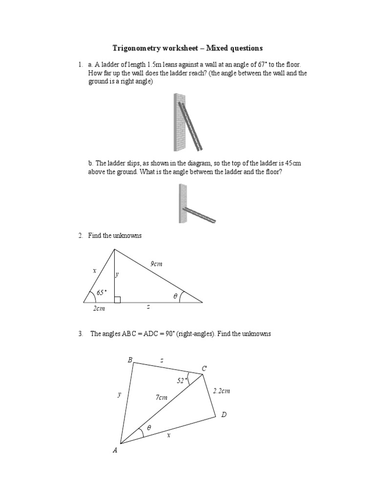 Trigonometry Worksheet - Mixed Questions: 9cm X y | PDF