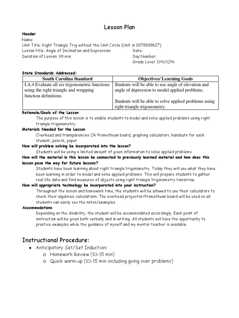 Lesson Plan: South Carolina Standard Objectives/ Learning Goals | PDF ...
