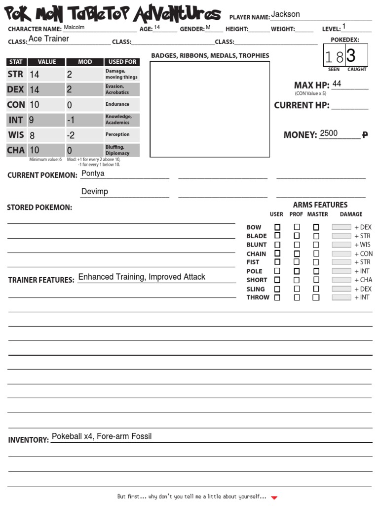 PTA Charsheet Editable Form | PDF | Pokémon | Artificial Mythology