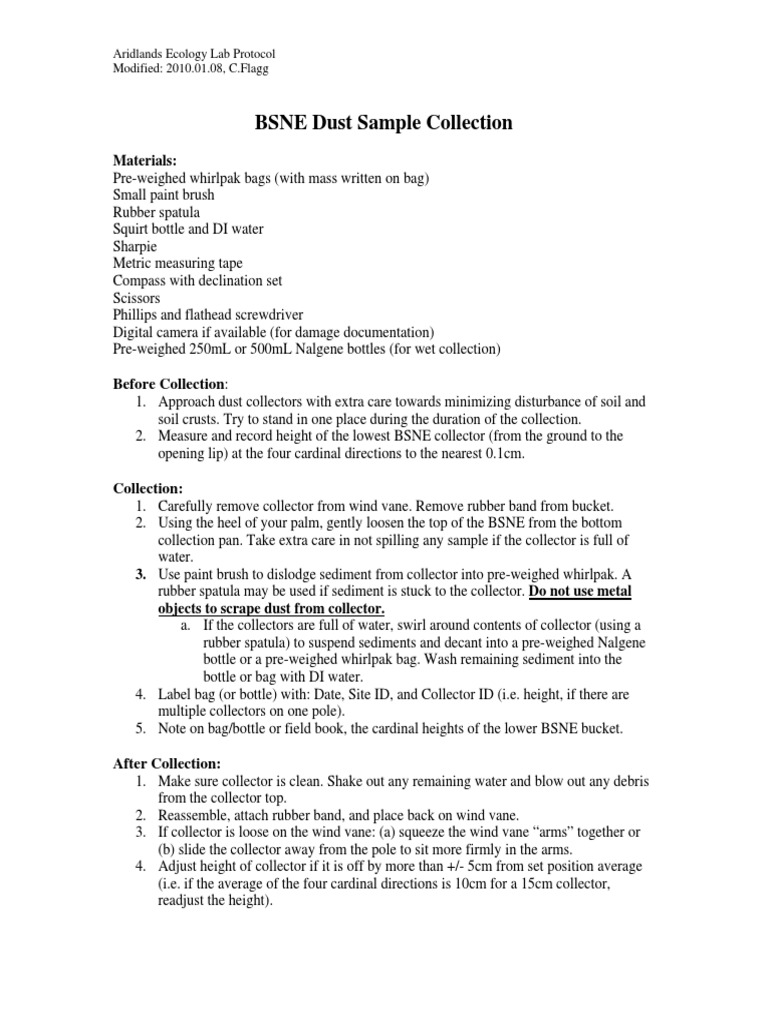 BSNE Dust Sample Collection: Materials | PDF | Nature