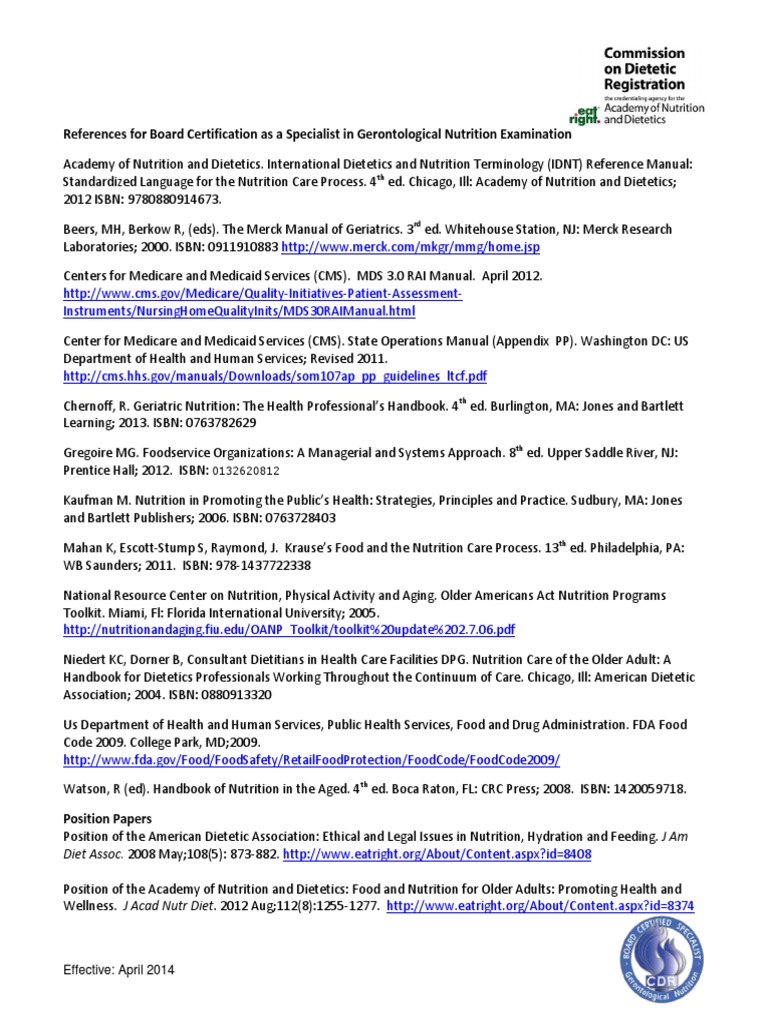 Gerontological Nutrition Reference 2014 | PDF | Dietitian | Nutrition