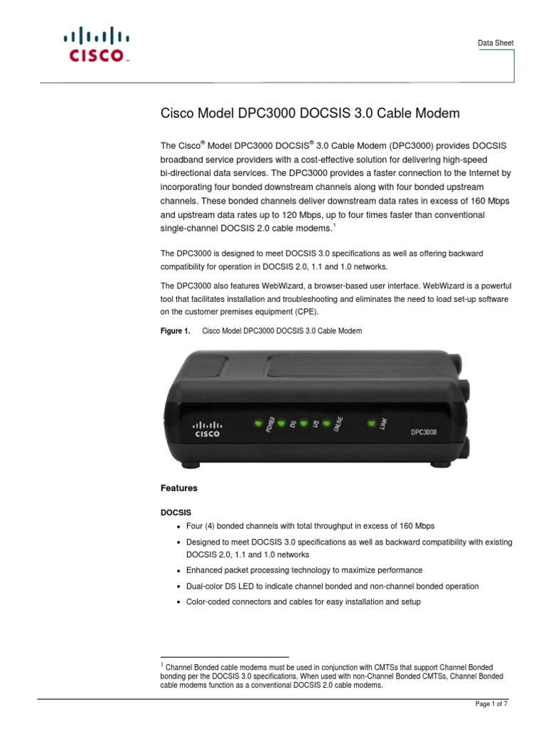 Cisco Model DPC3000 DOCSIS 3.0 Cable Modem Data Sheet | PDF | Modem | Usb