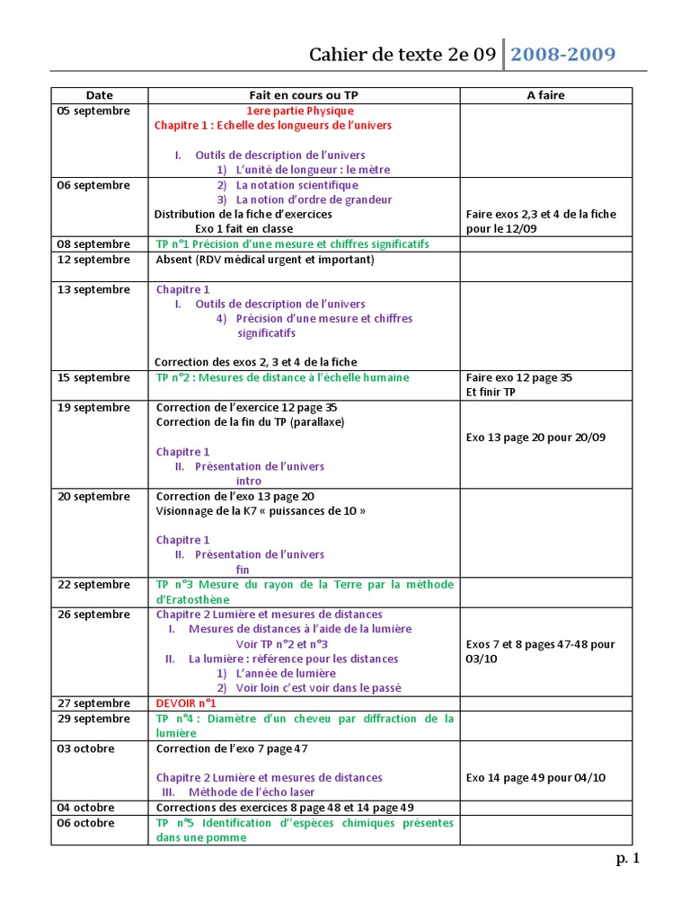 Cahier de Texte Seconde