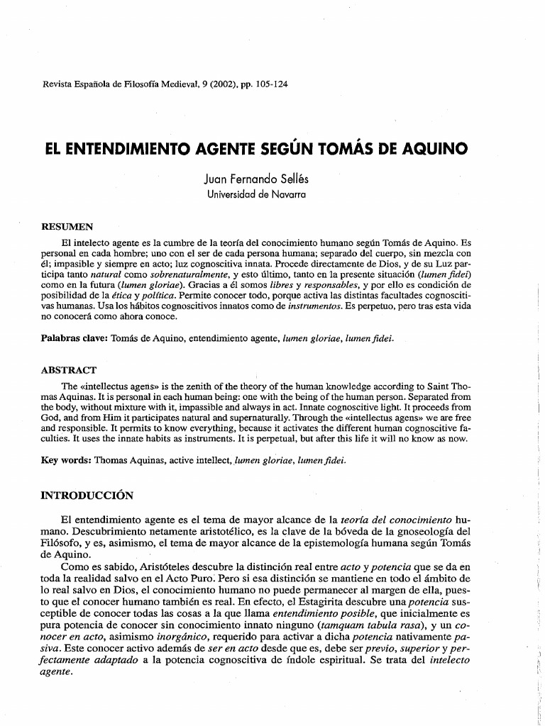 Intelecto Agente Tomas Aquino - J. Selles | PDF | Comprensión | Tomás ...