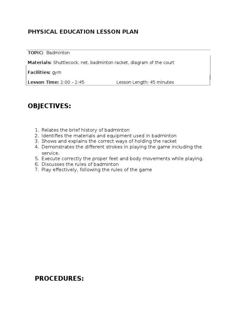 Badminton Detail Lesson Plan | Sports | Racquet Sports