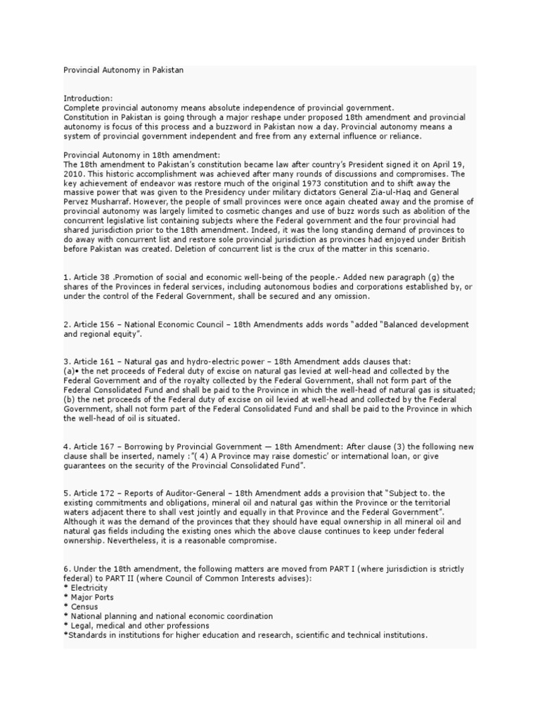 Provincial Autonomy in Pakistan | PDF | Federal Government Of The ...