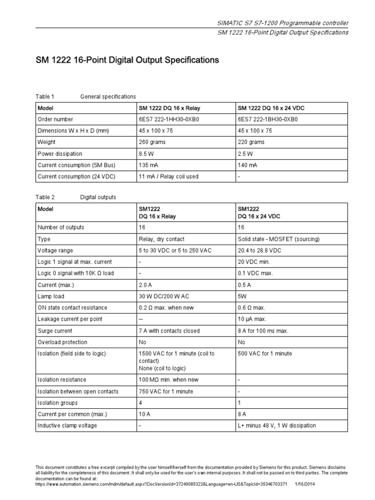 SIMATIC S7 S7-1200 Programmable Controller - SM 1222 16-Point Digital Output Specifications ...