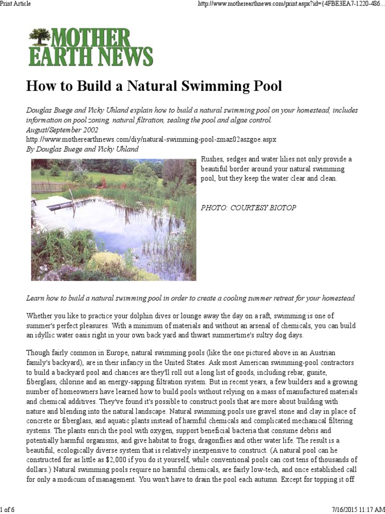 Building a Natural Swimming Pool Guide | PDF | Swimming Pool | Concrete