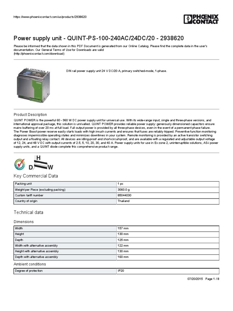 Power Supply Unit - QUINT-PS-100-240AC/24DC/20 - 2938620: Key ...