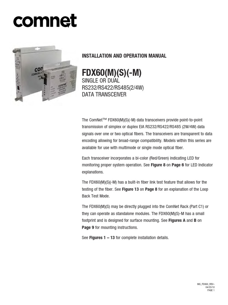 ComNet FDX60M1A Instruction Manual | PDF | Optical Fiber | Computer Engineering