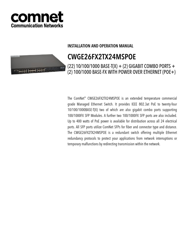ComNet CWGE26FX2TX24MSPOE Instruction Manual | PDF | Ip Address | Network Switch