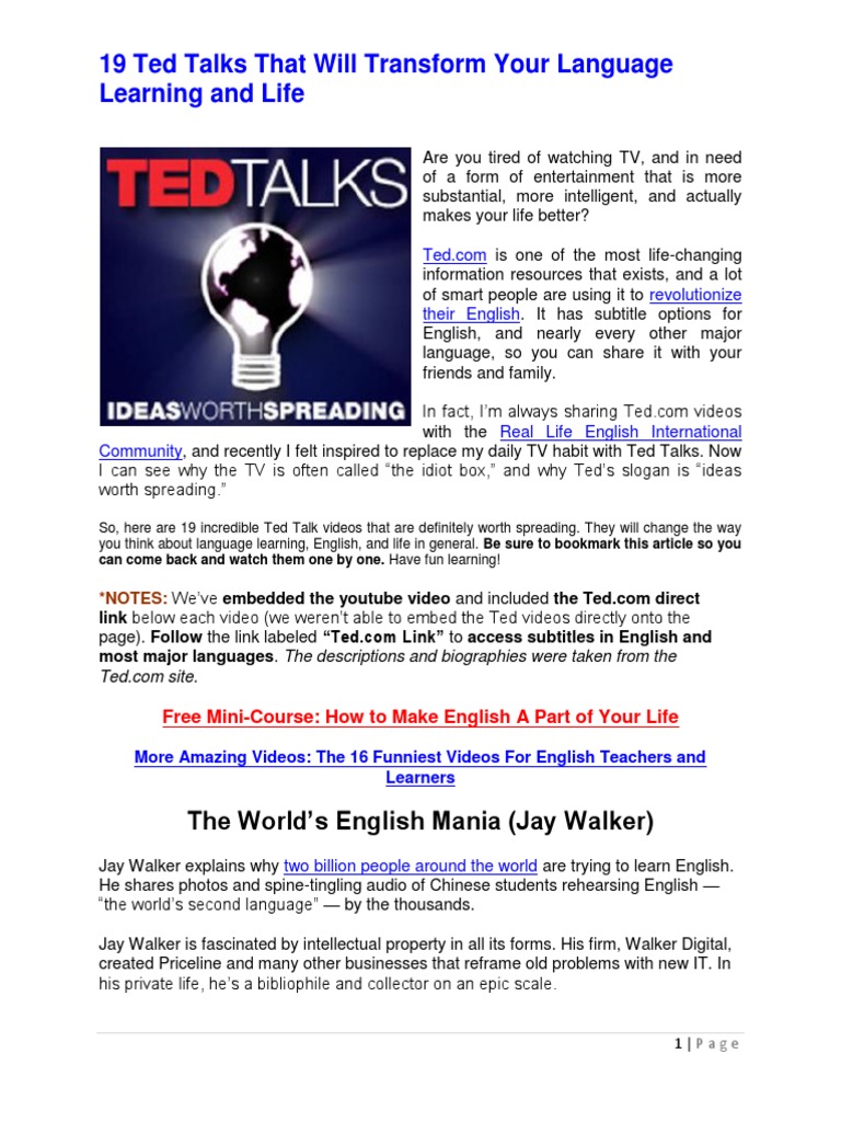 19 TED Talks That Will Transform Your Language Learning and Life | PDF ...