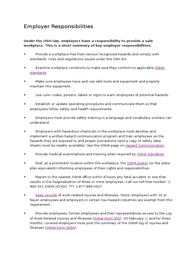 Key Employer Responsibilities for OSHA Compliance | PDF | Occupational ...