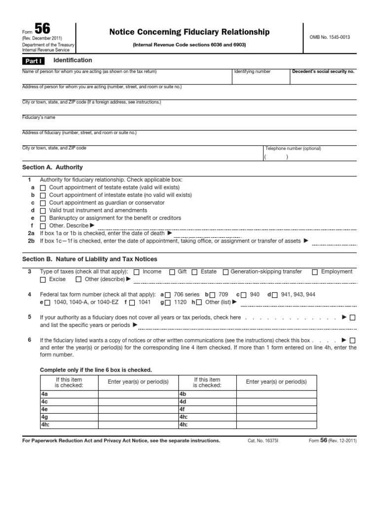 IRS Form 56 (Notice Concerning Fiduciary Relationship) | PDF | Internal ...