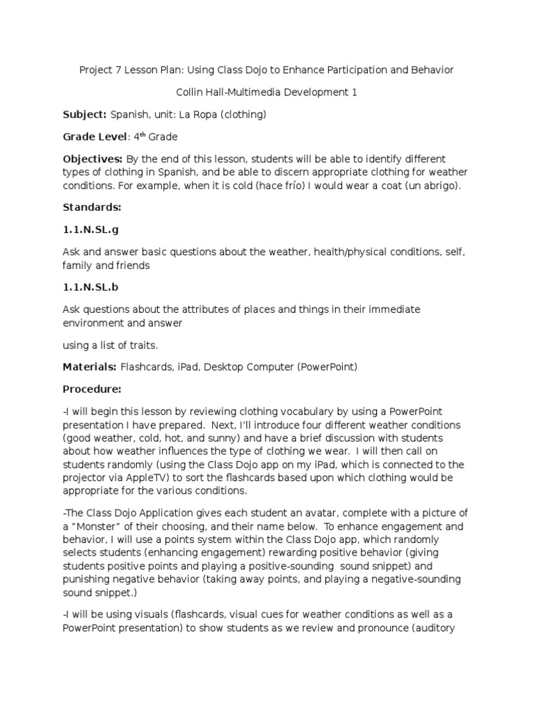 Class Dojo Lesson Plan for Spanish Clothing | PDF | Career & Growth ...
