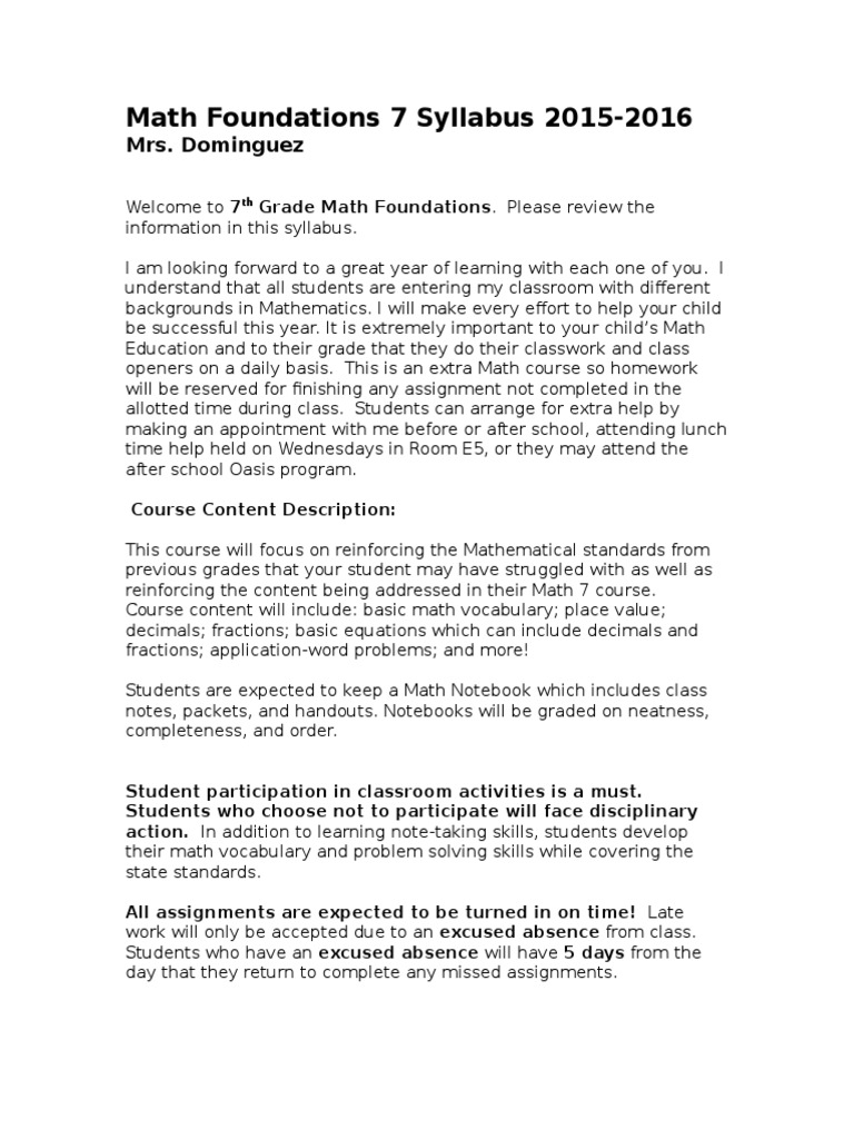 Math Foundations 7 Syllabus 2014-2015 | PDF | Career & Growth | Wellness