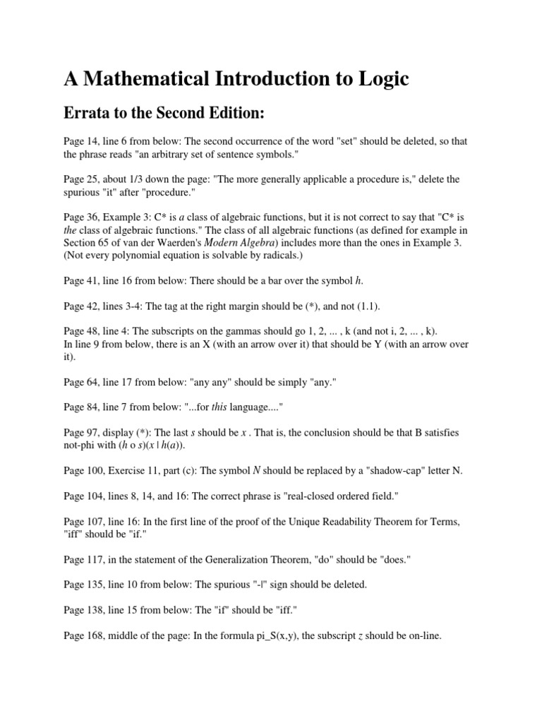 Errata - Second Edition of A Mathematical Introduction To Logic - Herbert B. Enderton | PDF ...
