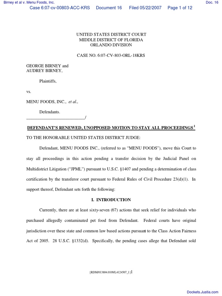 Defendant'S Renewed, Unopposed Motion To Stay All Proceedings | PDF ...