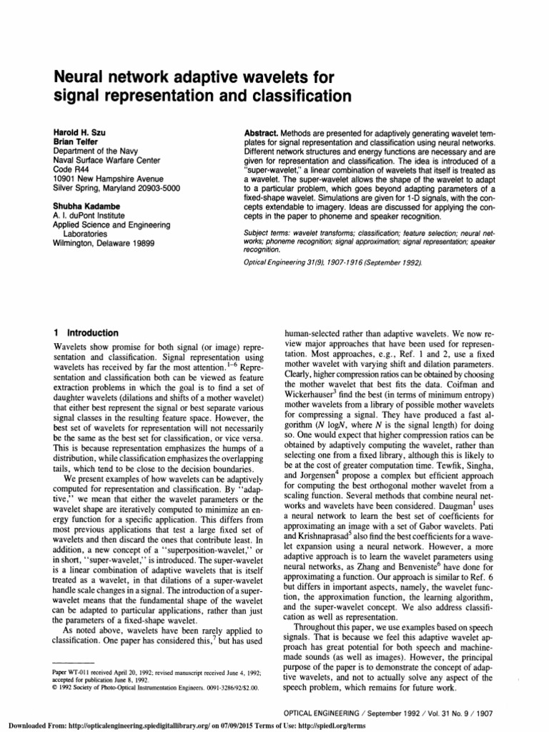 Neural Network Adaptive Wavelets For Signal Representation and Classification | PDF | Wavelet ...