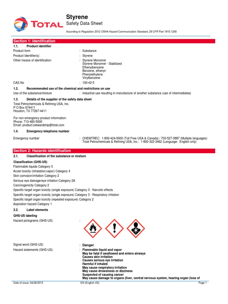Styrene Safety Data Sheet Overview | PDF | Dangerous Goods | Toxicity