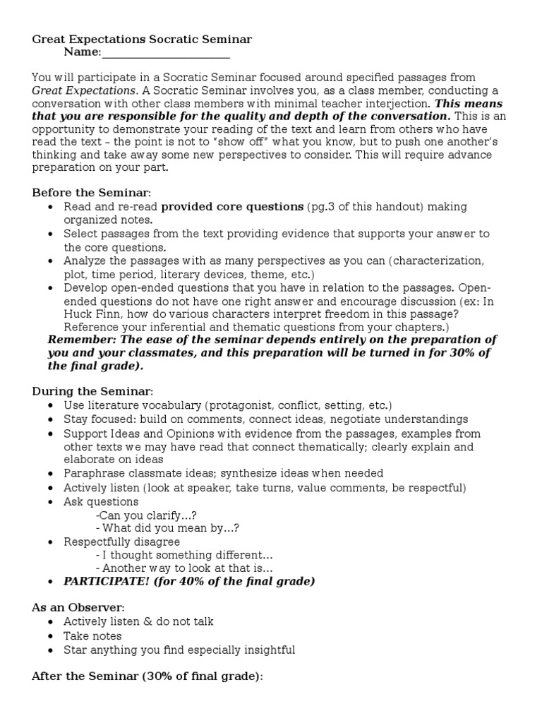Great Expectations Socratic Seminar Final | PDF | Estella (Great ...
