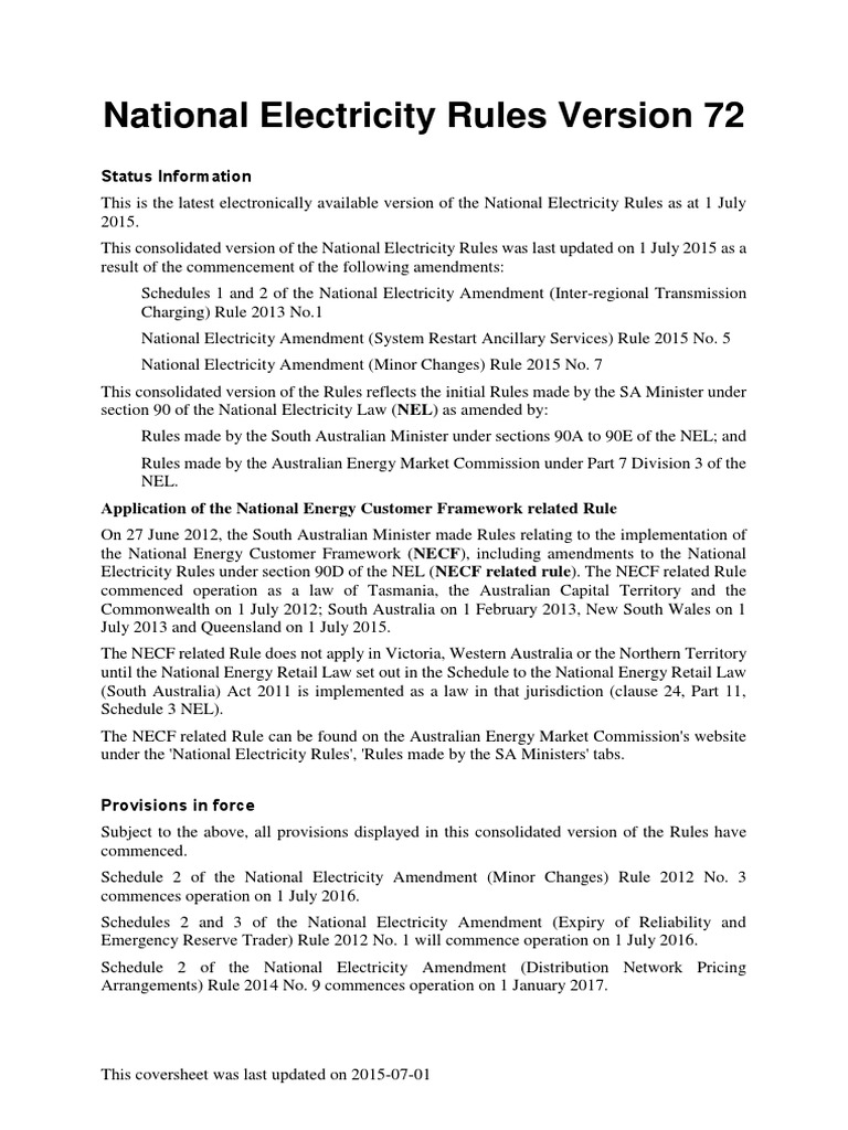 National Electricity Rules Version 72: Table of Contents and Status ...
