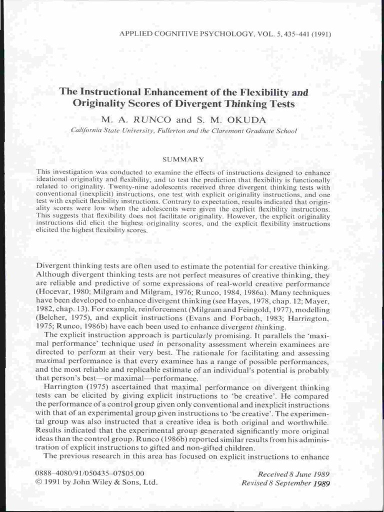 1991 Instructional Enhancement Runco Okuda | PDF | Creativity | Test ...