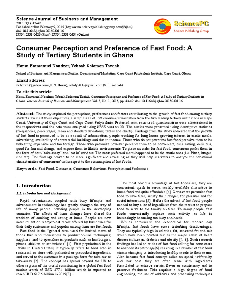 Consumer Perception and Preference of Fast Food: A Study of Tertiary ...