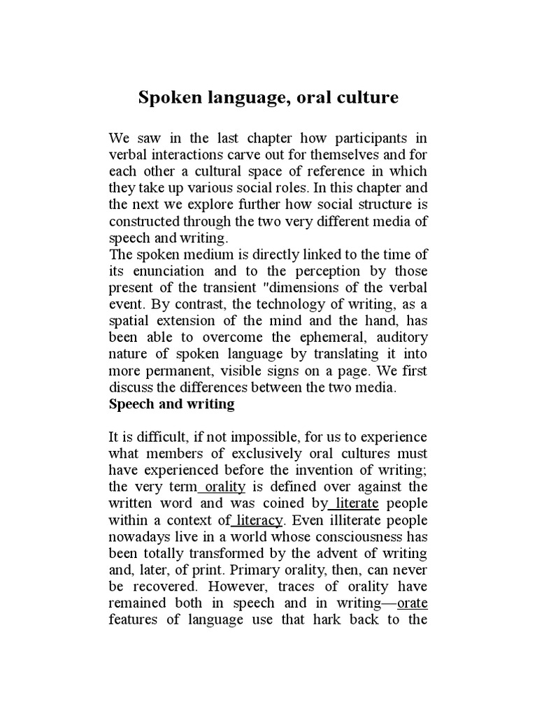 Spoken Language, Oral Culture | PDF | Literacy | Speech