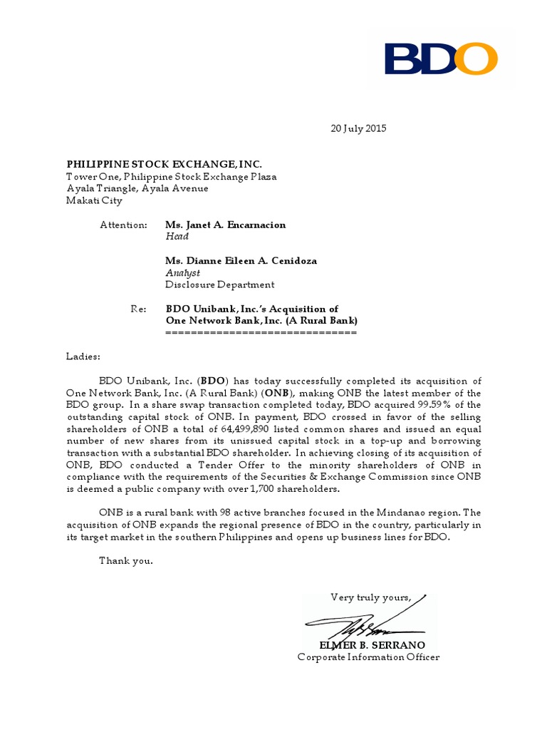 BDO Acquires One Network Bank | PDF