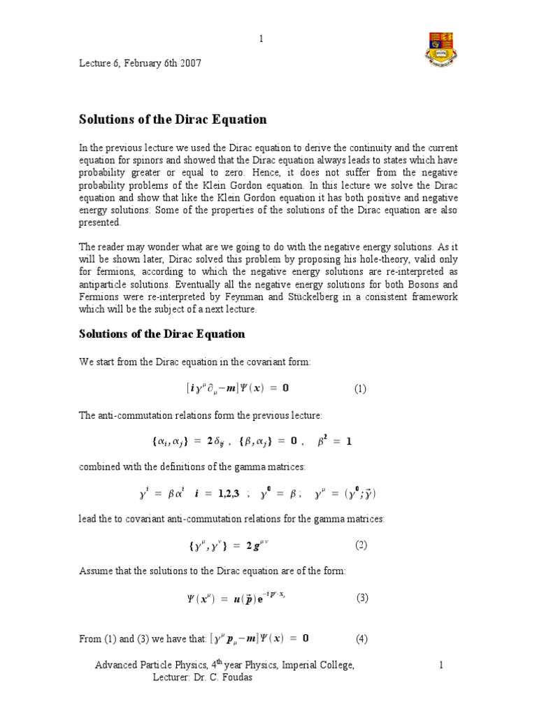 Dirac Solutions | PDF | Spin (Physics) | Hamiltonian (Quantum Mechanics)
